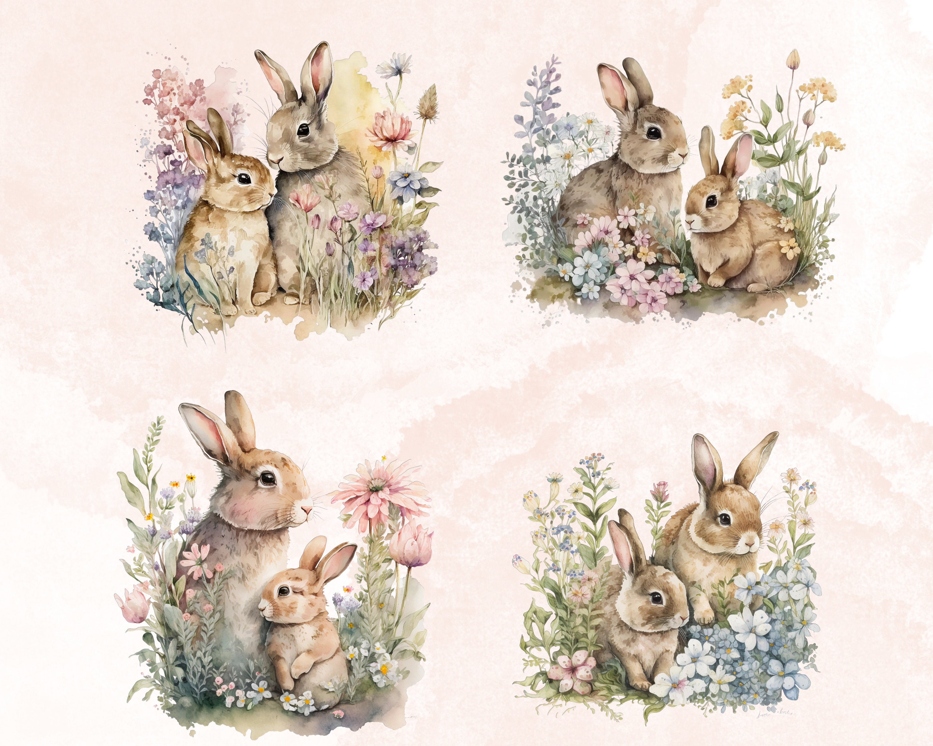 10 PNG Floral Bunnies Clipart Set 2 Bunnies Clip Art - Etsy