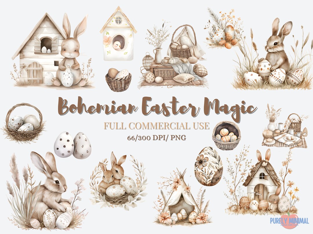 Watercolor Boho Easter Clipart Bundle, Easter Bunny PNG, Easter Egg ...