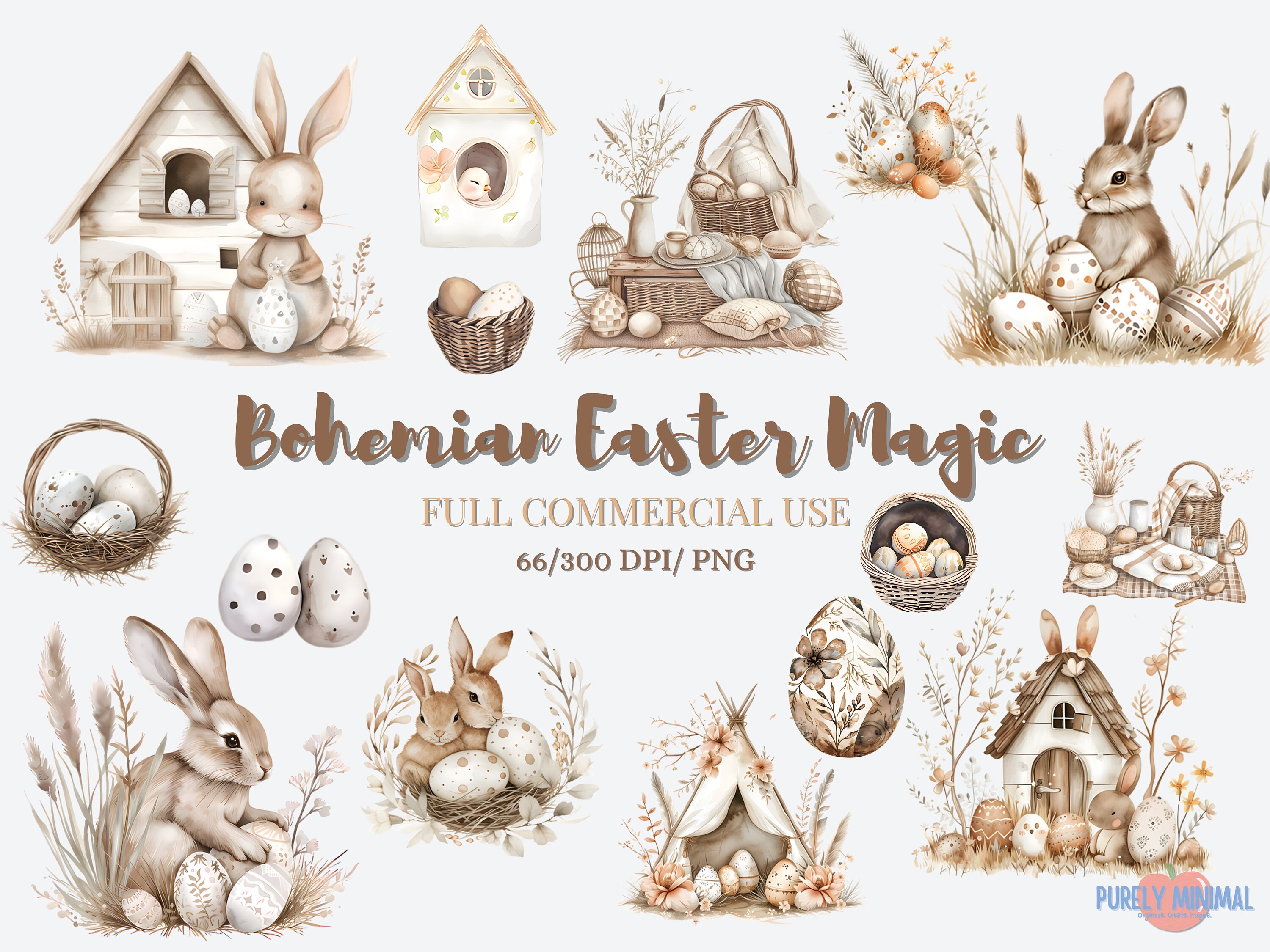 Watercolor Boho Easter Clipart Bundle, Easter Bunny PNG, Easter Egg ...