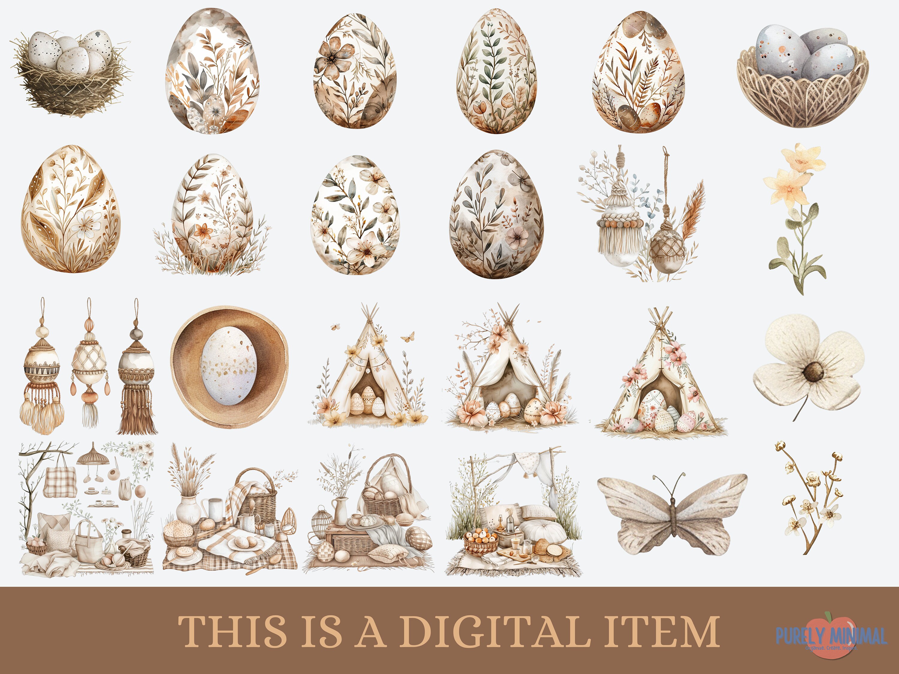 Watercolor Boho Easter Clipart Bundle, Easter Bunny PNG, Easter Egg ...