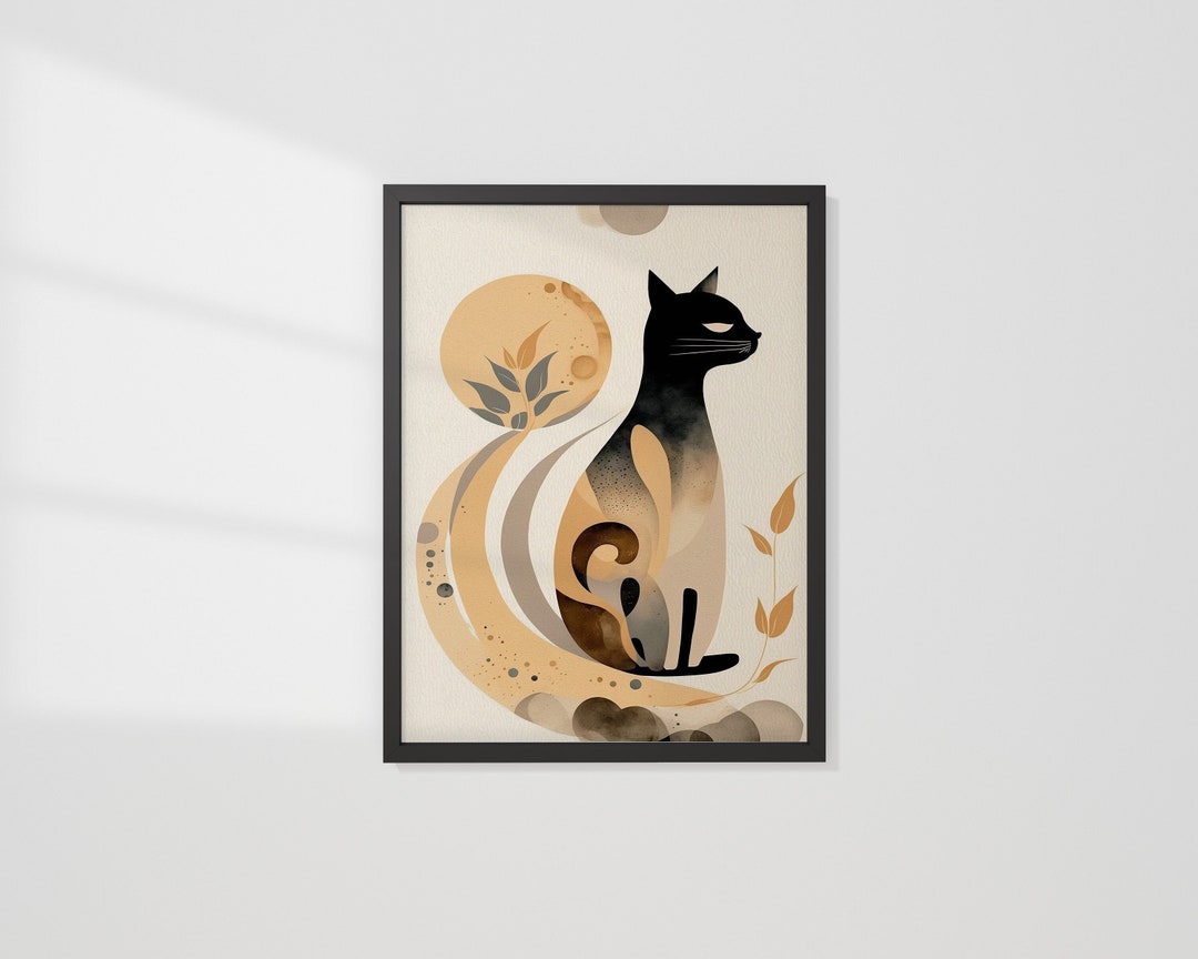 Black Cat Abstract Wall Art, Printable, Moon Abstract Wall Art, Cat ...