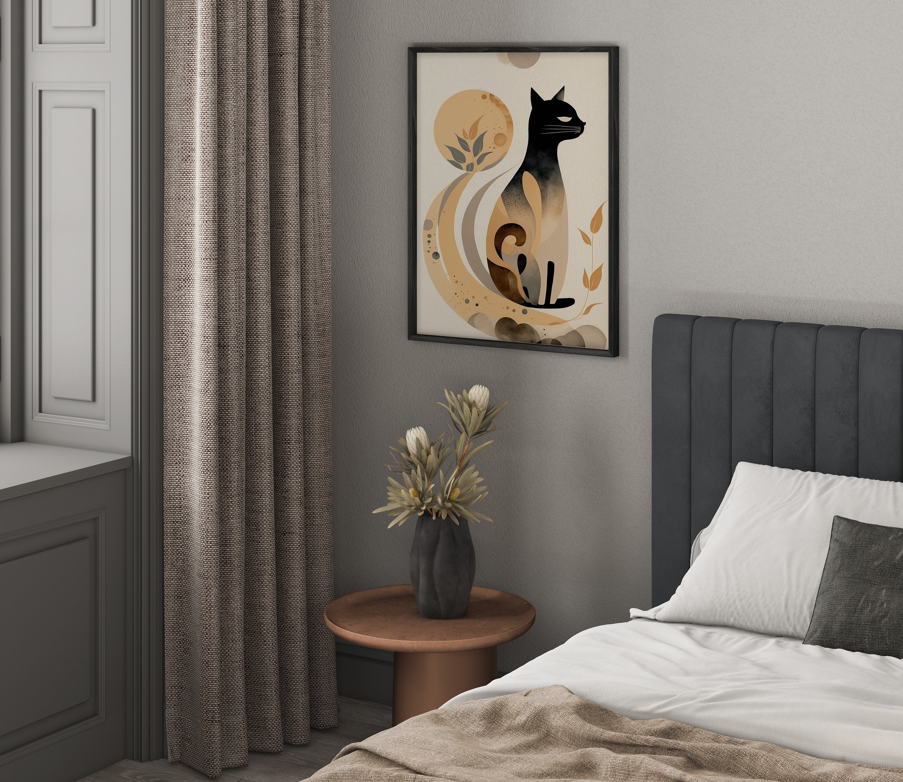 Black Cat Abstract Wall Art, Printable, Moon Abstract Wall Art, Cat ...