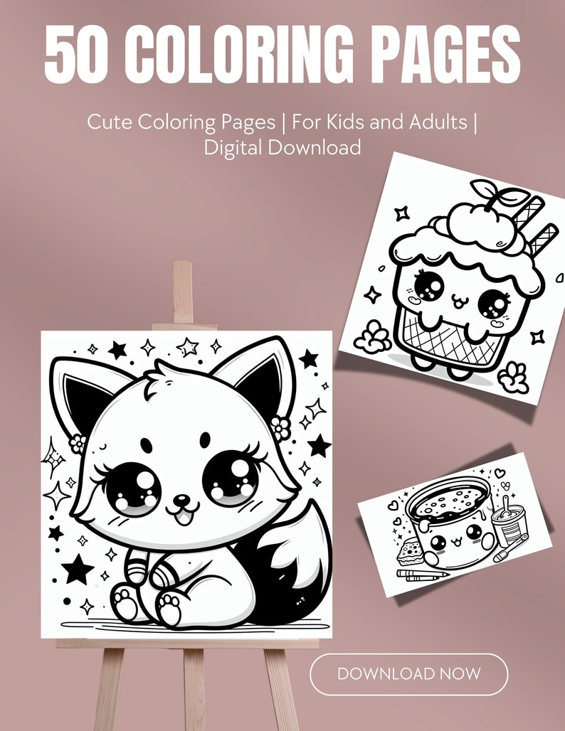 50 Kawaii Cute Coloring Pages Book Volume 1, for Kids, Adults, Instant ...