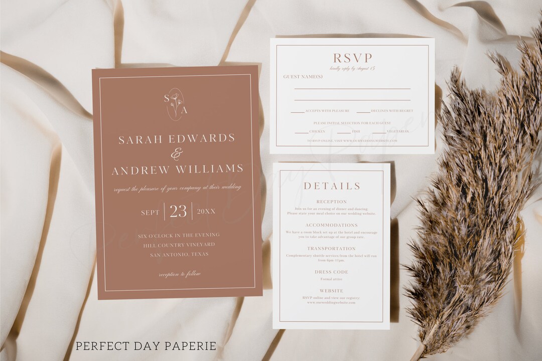 Rust Elegant Monogram Wedding Invitation Suite Templates | Terracotta ...