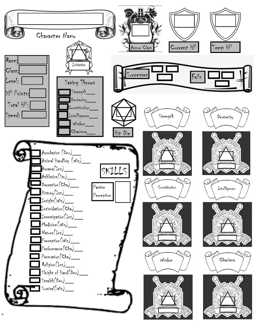 Fillable Black/white/gray Role Playing Game Character Sheet - Etsy