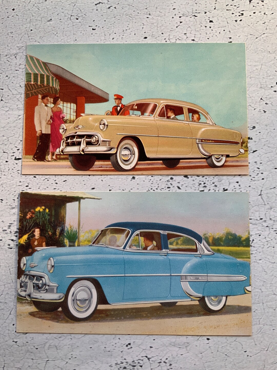1953 Chev Bel Air Postcards. Illustrated. Thrift King. Blue Flame ...