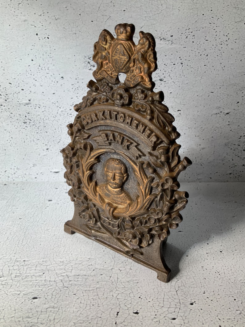 1914 Cast Iron Coin Bank. Our Kitchener Bank. Wall Hanging Safe. Coin ...
