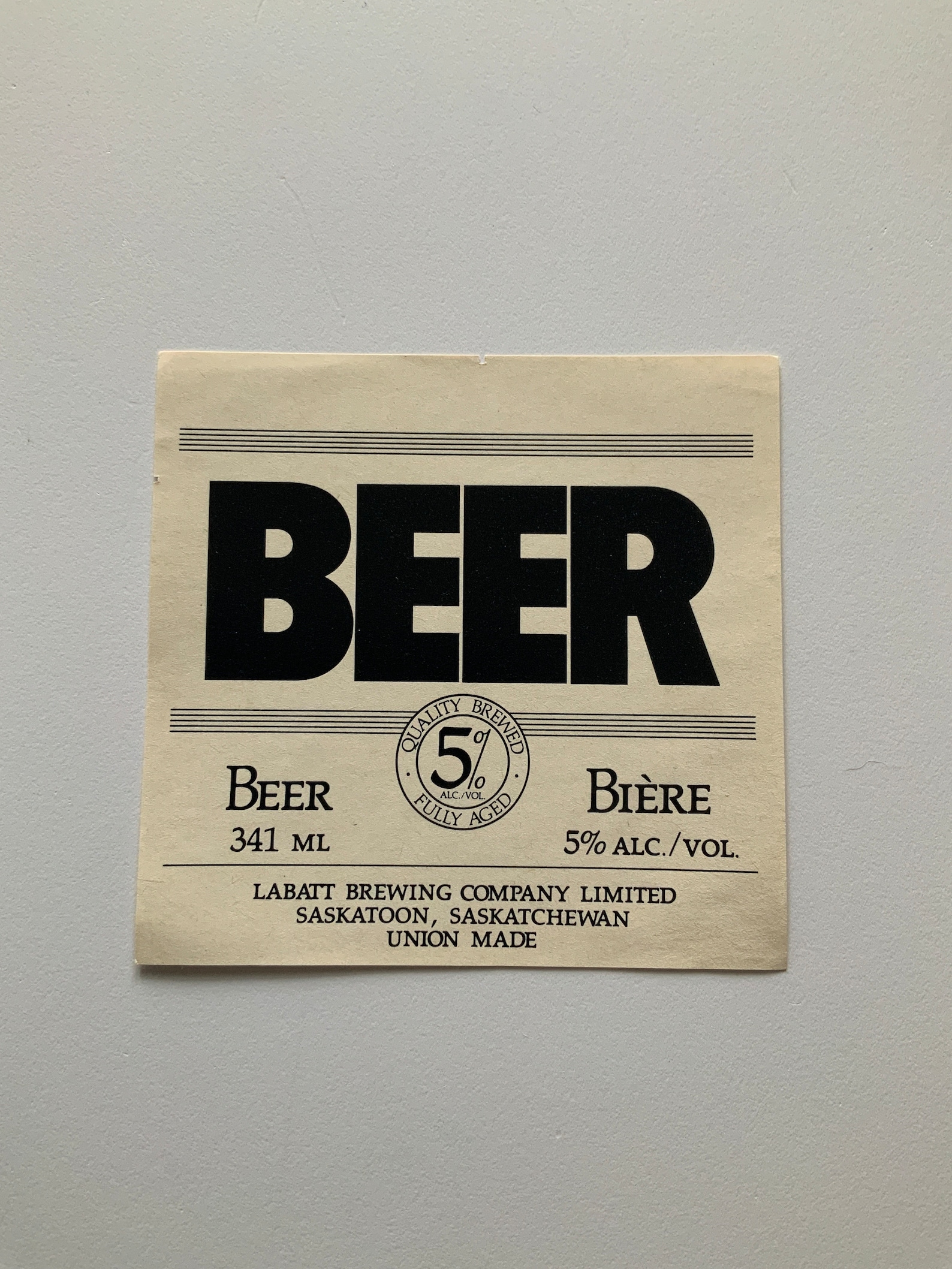 Labatts BEER Label. Generic Beer. Canadian Bottle Label. Saskatoon, Sk ...