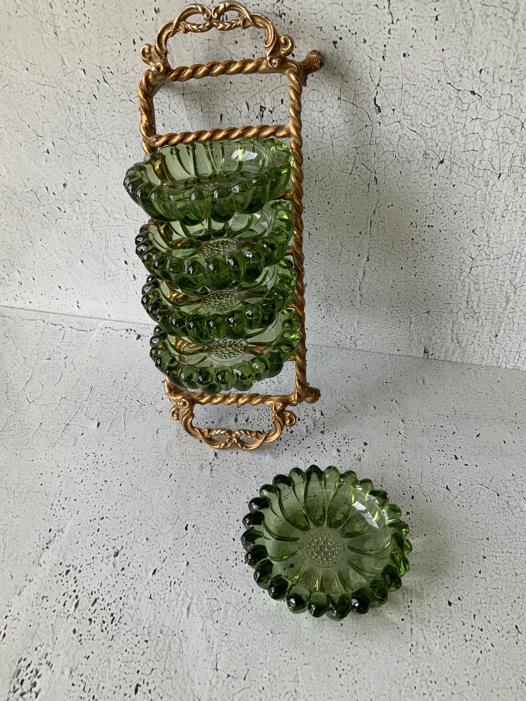 Hazel Atlas Ashtrays. 5 in a Stand. Green Sunflower Pattern. 3 1/4 ...