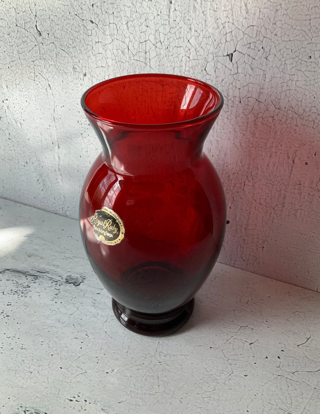 Ruby Red Anchor Vase. Vintage Anchor Hocking With Label. Red Glass Vase ...