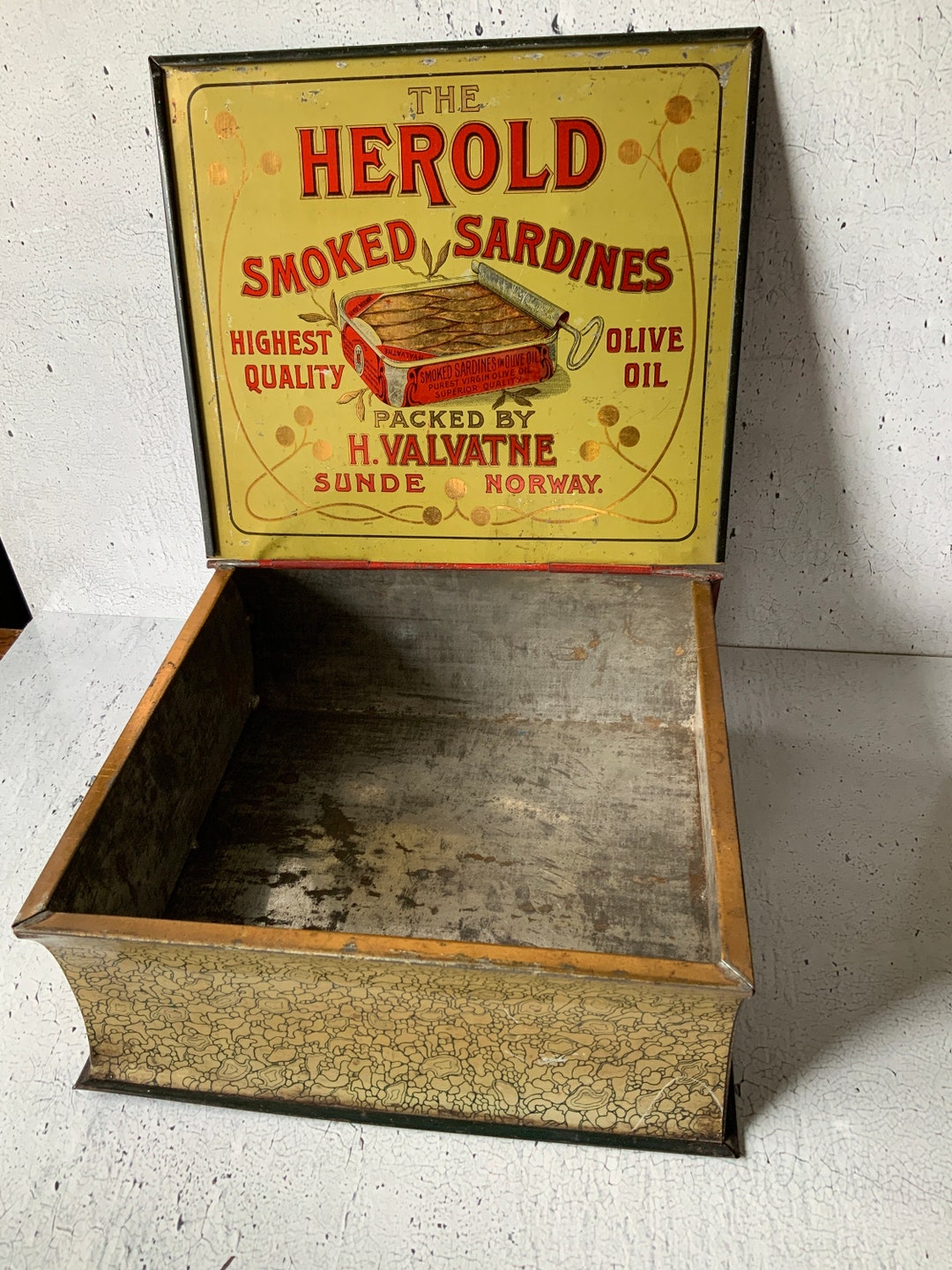 The Herold Book Shaped Tin. Antique Store Display. Sardines Tin. RARE ...