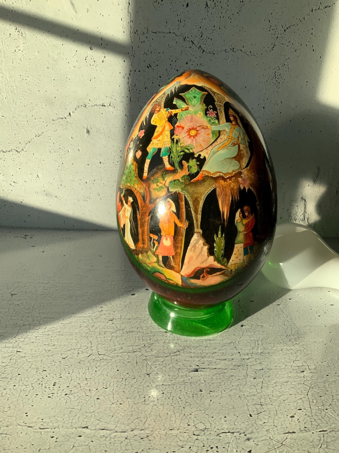8” Wooden Ornate Egg. Russian. Anchor Hocking Uranium Vaseline Glass ...