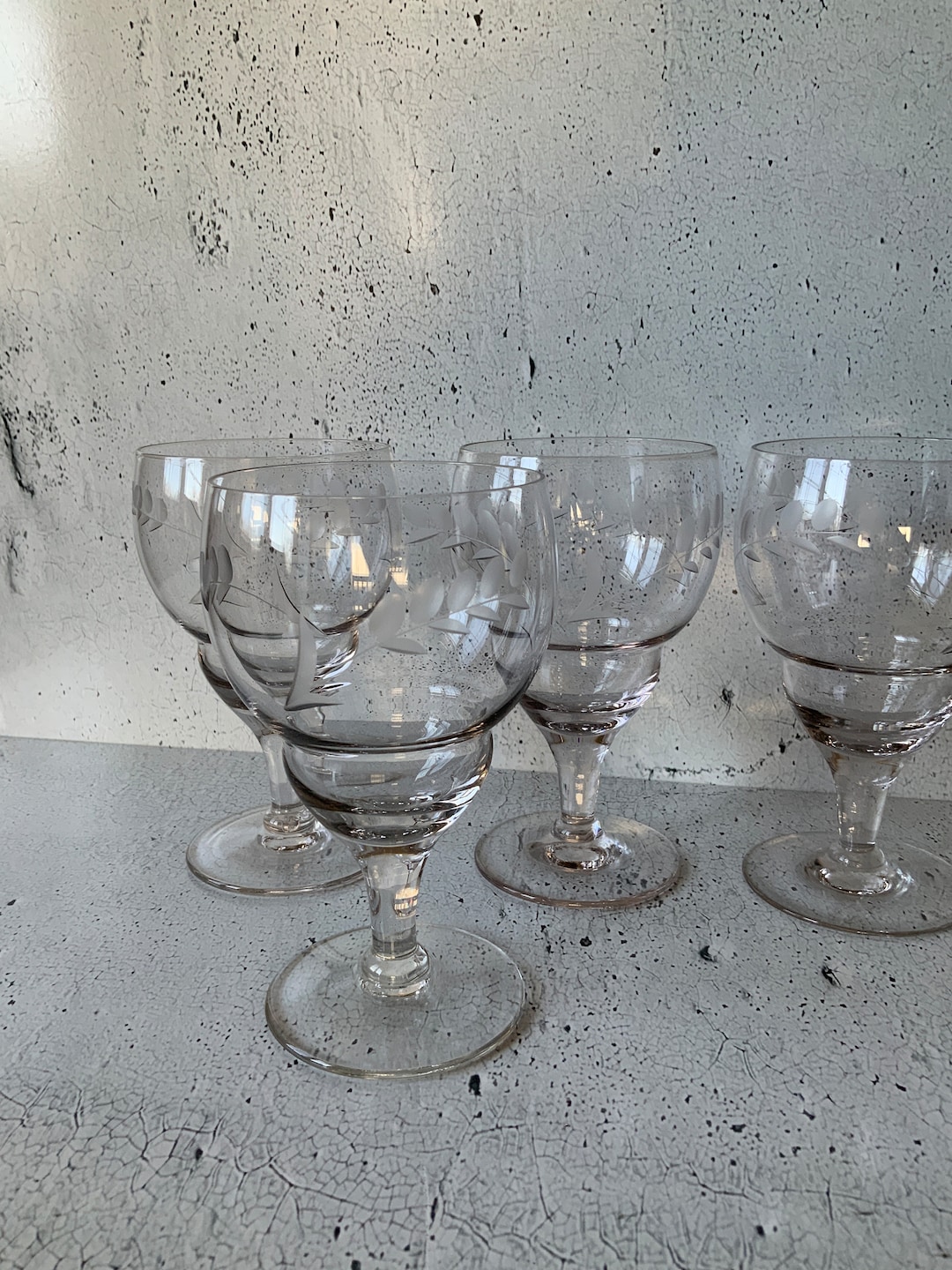 Etched Fine Wine Glasses. Set of 4. Wheat Motif. Fine. Vintage Stemmed Wine/ Brandy Glasses ...