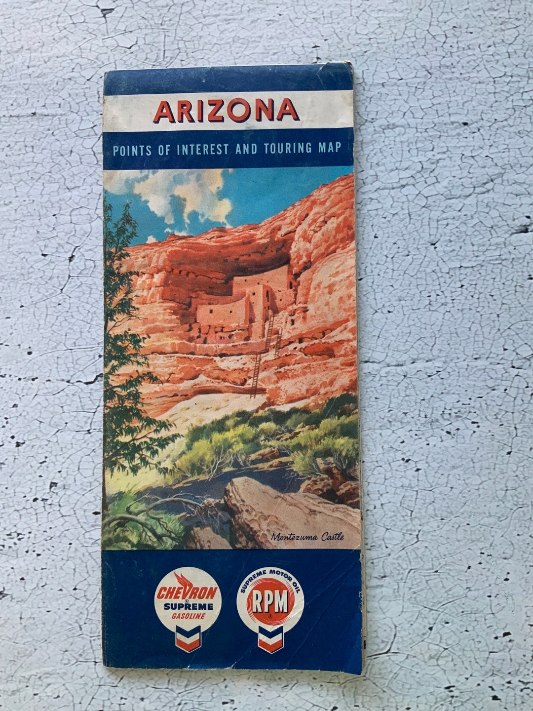 1957 Arizona Map. Chevron. RPM Supreme Motor Oil. Montezuma Castle ...