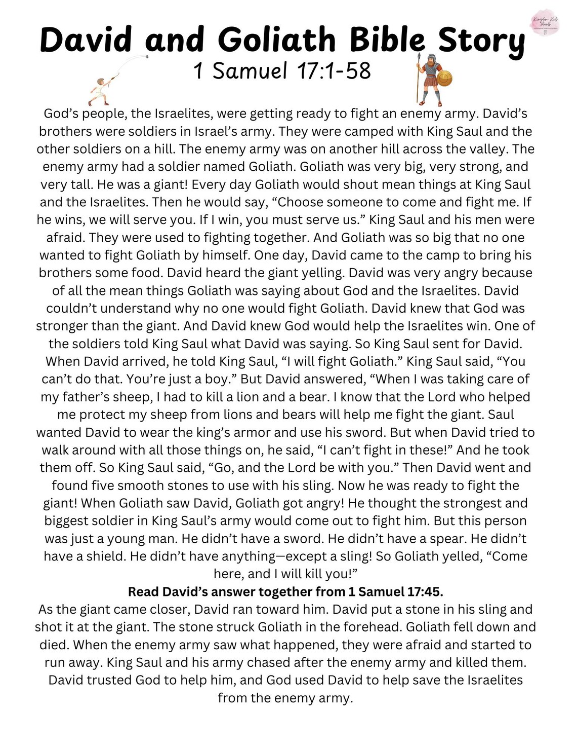 David and Goliath Kids Bible Lesson: Sunday School Printables (digital ...