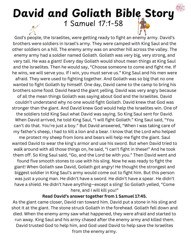 David and Goliath Kids Bible Lesson: Sunday School Printables (digital ...