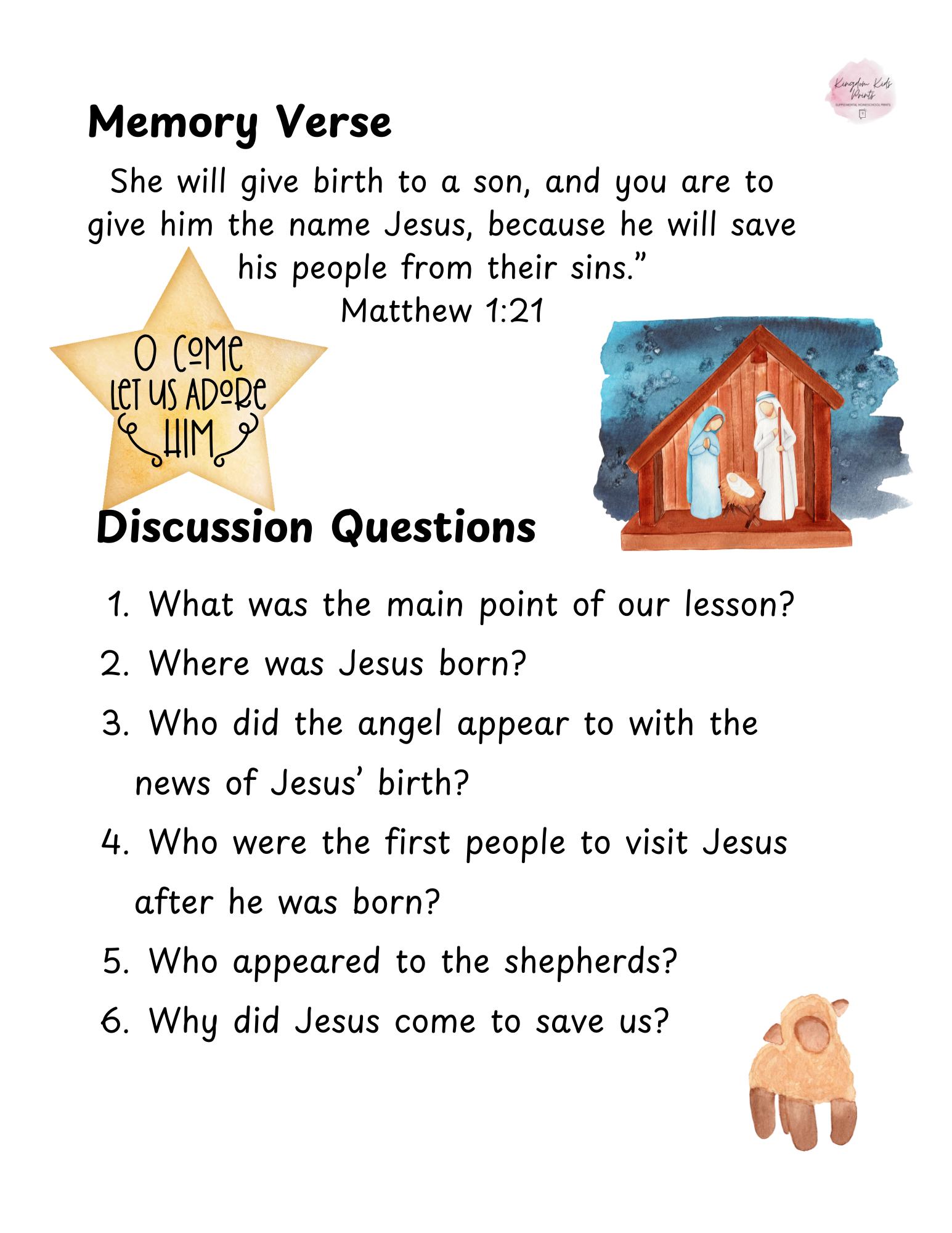 The Birth of Jesus Bible Lesson for Kids, Sunday School Printables ...