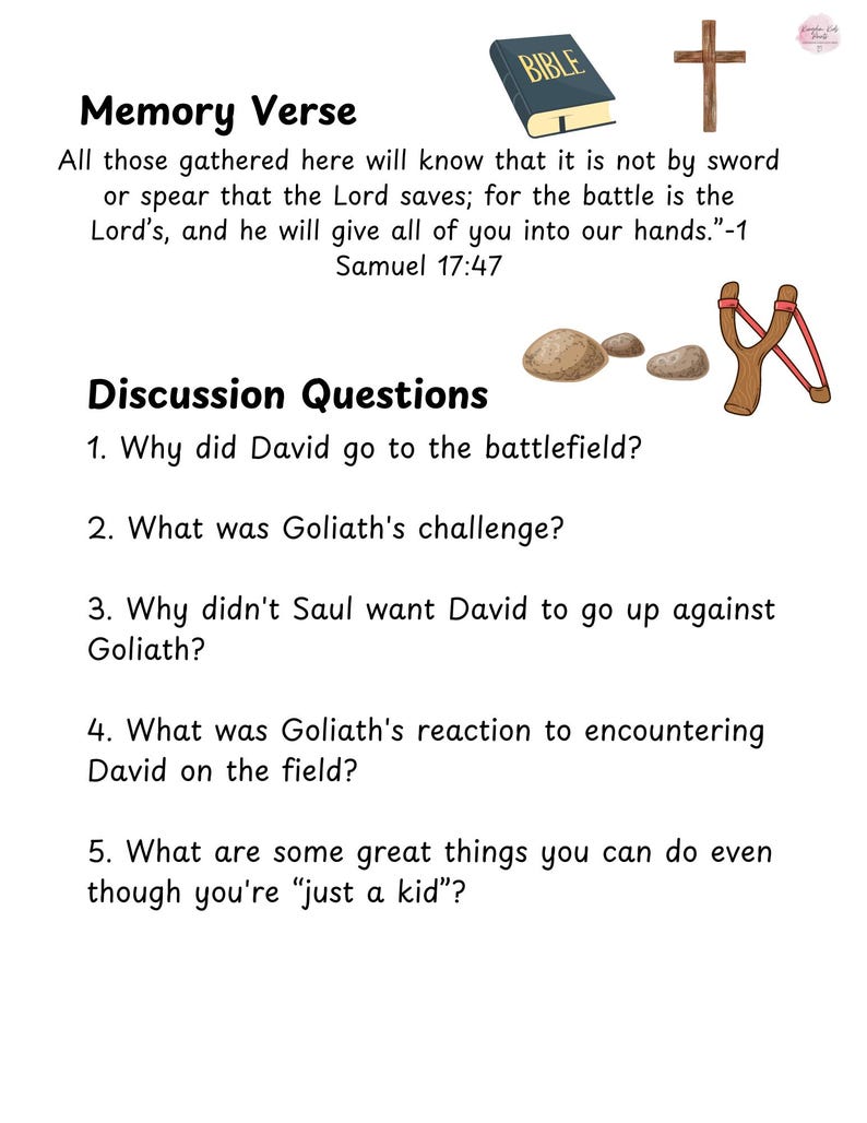 David and Goliath Kids Bible Lesson: Sunday School Printables (digital ...