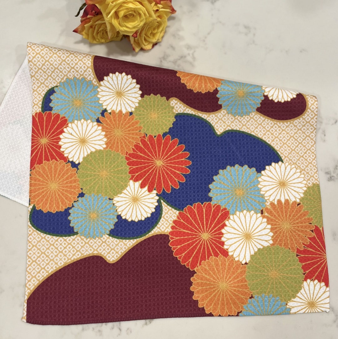 Wagara Inspired Floral Kitchen Towel, Kimono Print Tea Towel, Japanese ...