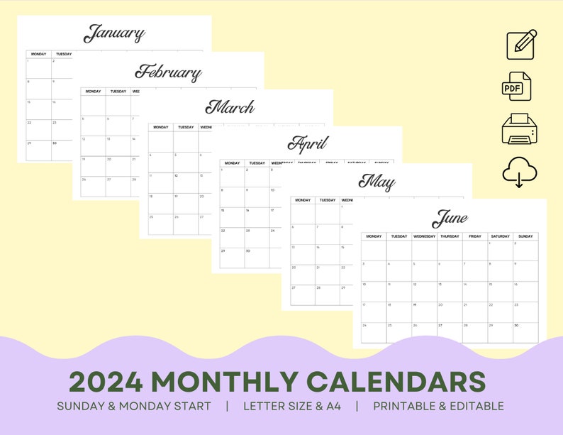 Printable 2024 Monthly Calendar Landscape Monday Start Sunday Start ...