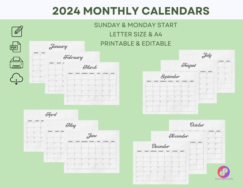 Printable 2024 Monthly Calendar Landscape Monday Start Sunday Start ...