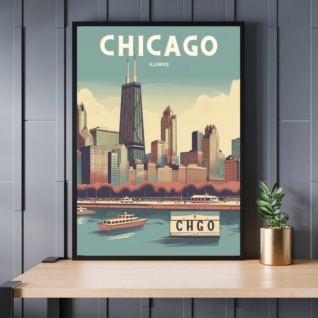 Retro Chicago Skyline Waterfront Digital Print - Etsy