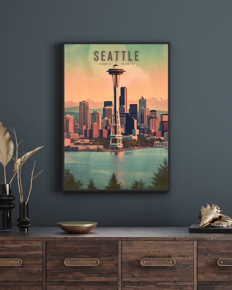 Retro Seattle Washington Skyline Digital Poster - Etsy