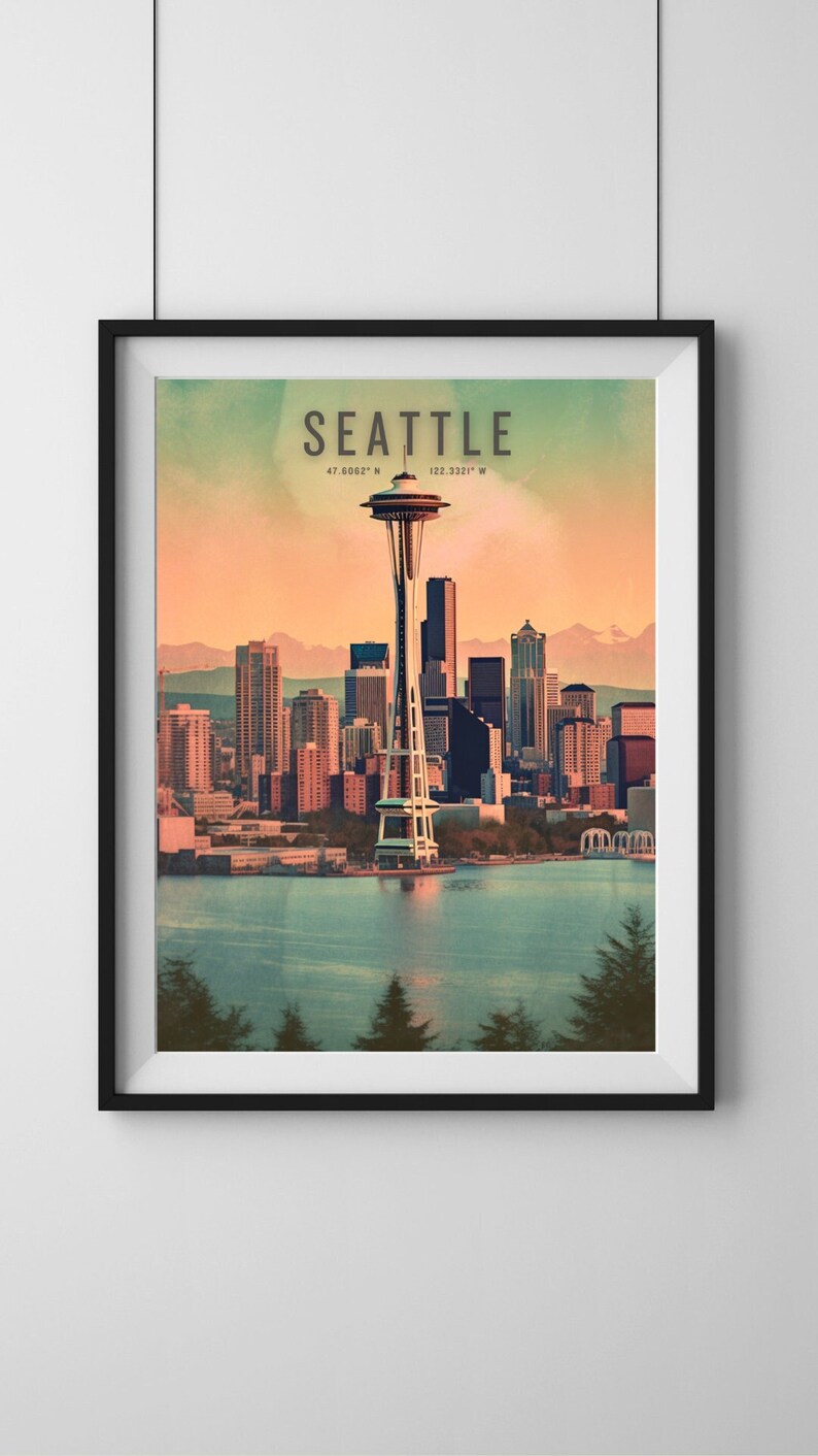 Retro Seattle Washington Skyline Digital Poster - Etsy