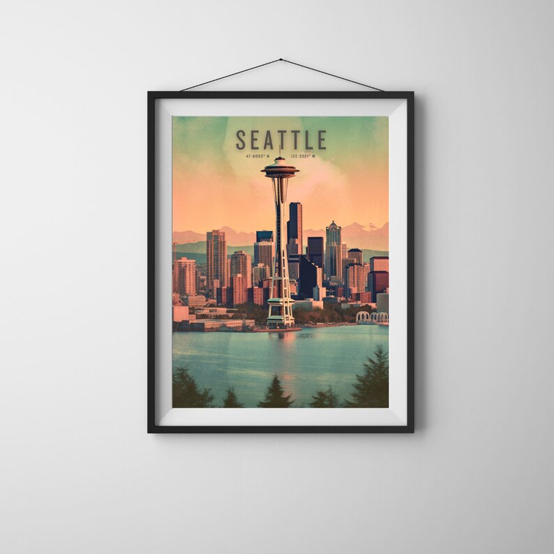 Retro Seattle Washington Skyline Digital Poster - Etsy