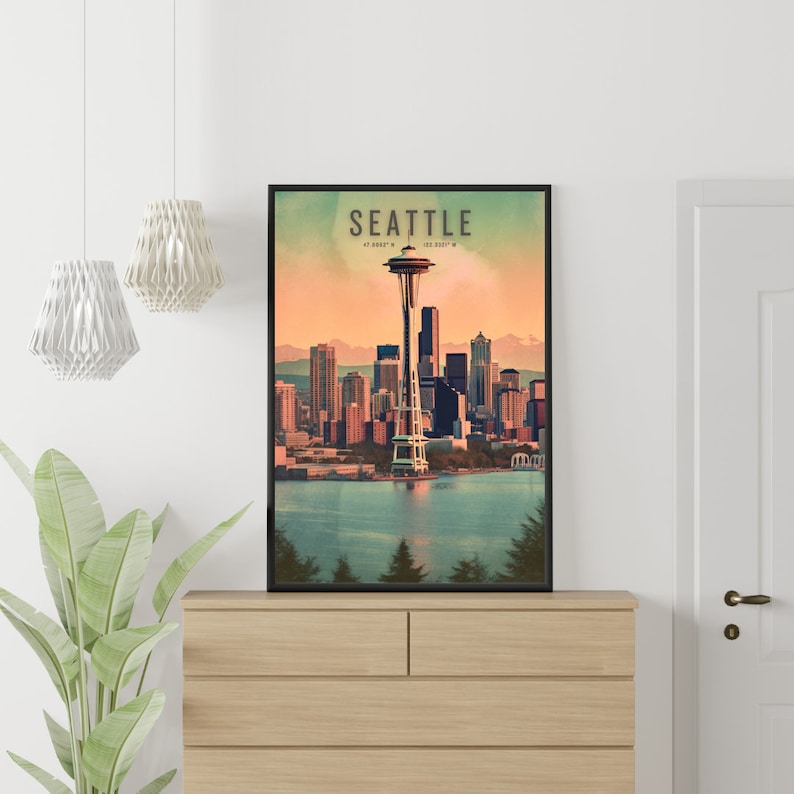 Retro Seattle Washington Skyline Digital Poster - Etsy