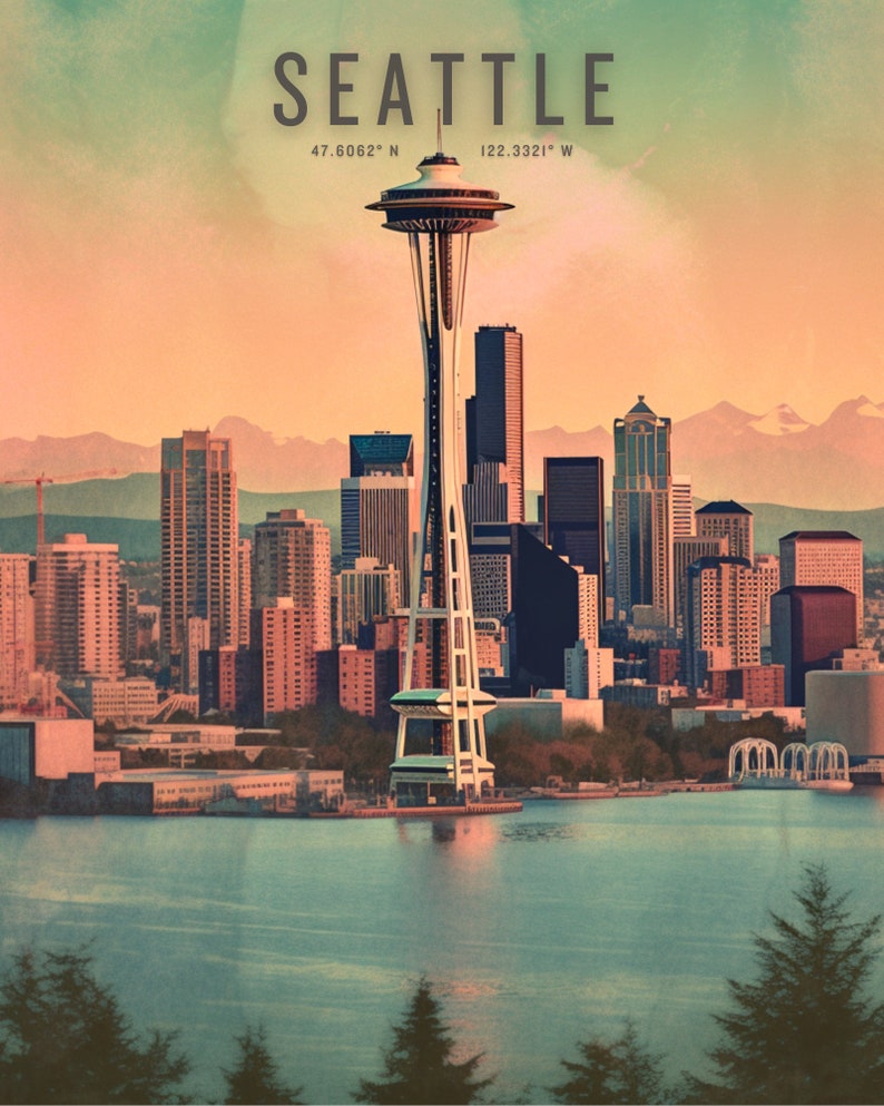 Retro Seattle Washington Skyline Digital Poster - Etsy