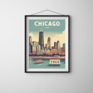 Retro Chicago Skyline Waterfront Digital Print - Etsy