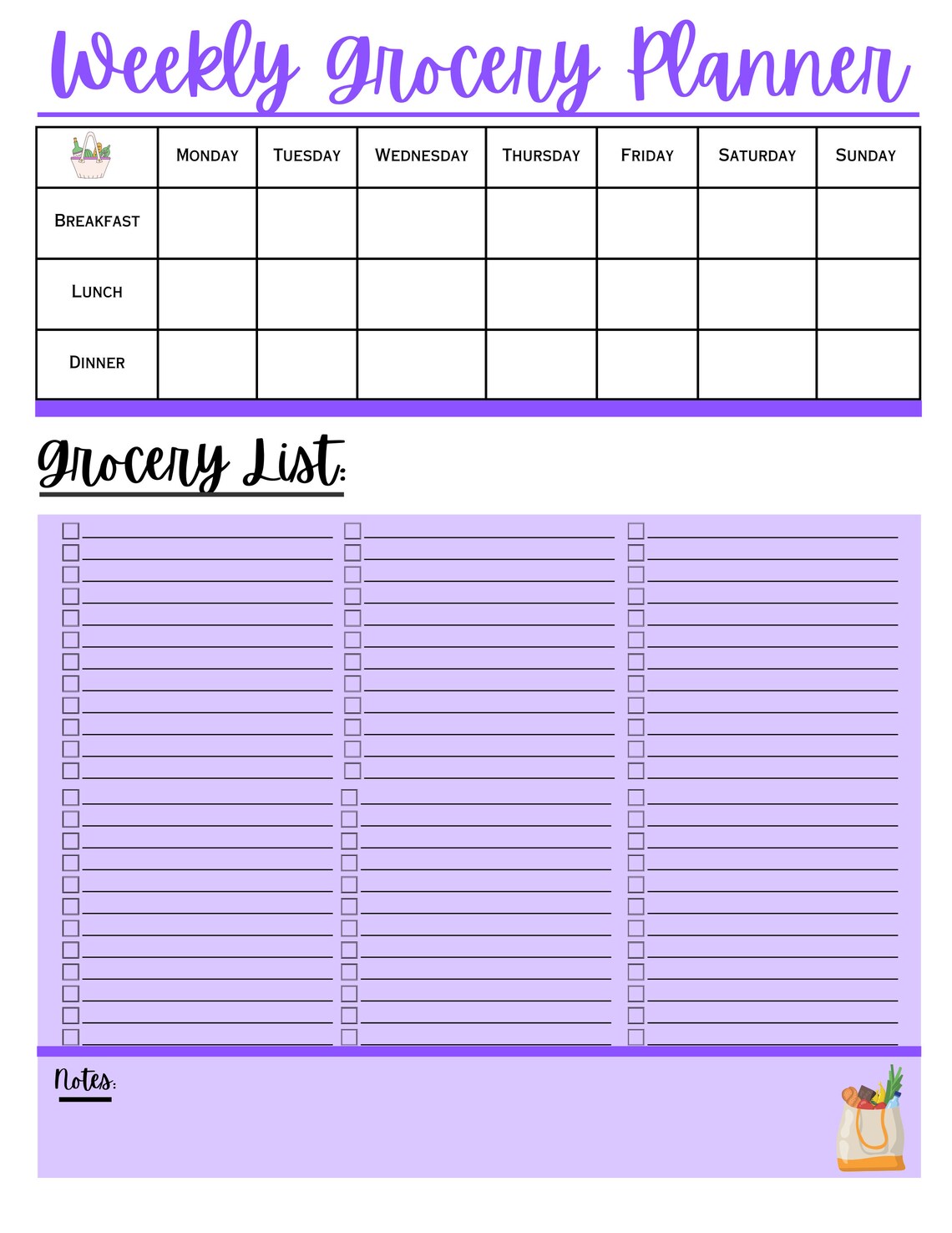 Printable Weekly Meal Planner and Grocery List - Etsy