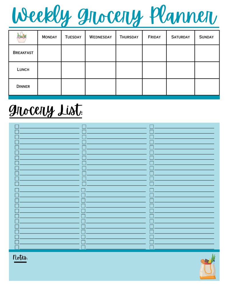 Printable Weekly Meal Planner and Grocery List - Etsy