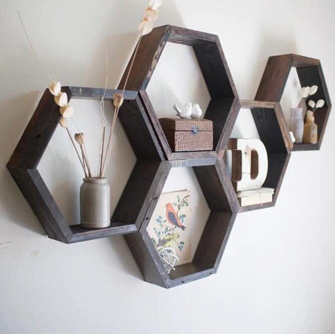 Reclaimed Wood Hexagon Wall Shelves Wall Shelf Hexagon Storage Shelving ...