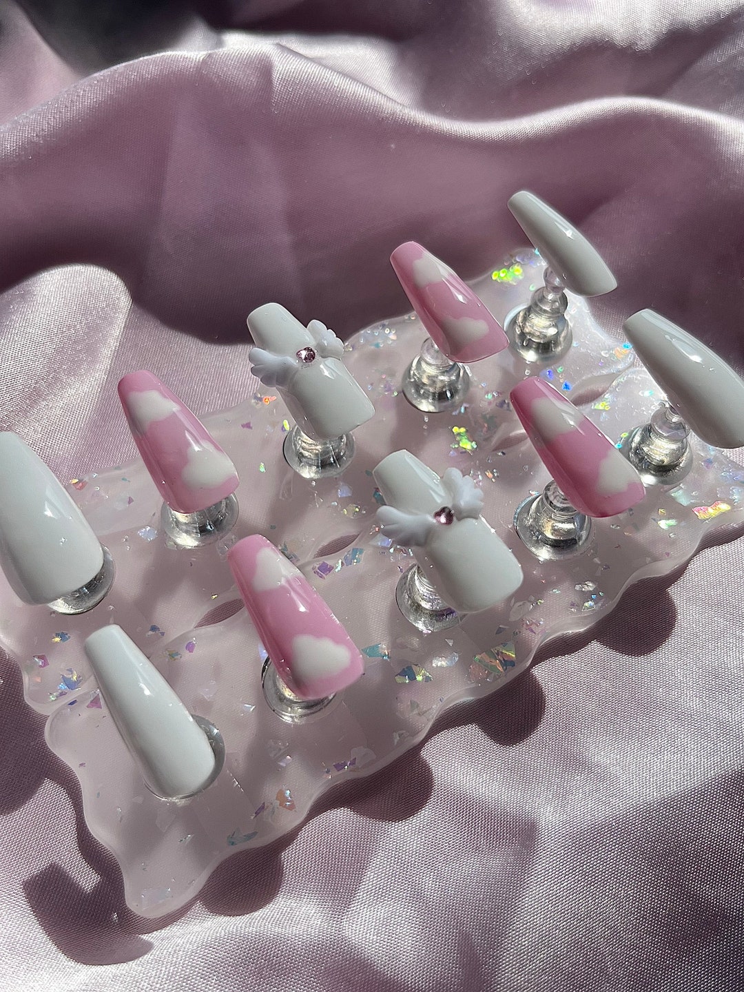 Pink Angel Wings Cloud Nails Kawaii Nails With Charms Press - Etsy