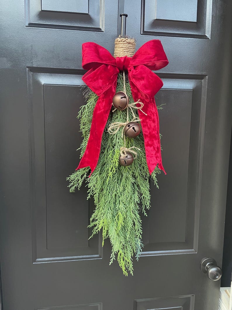 Christmas Greenery Swag With Red Velvet Bow, Holiday Swag With Bronze ...