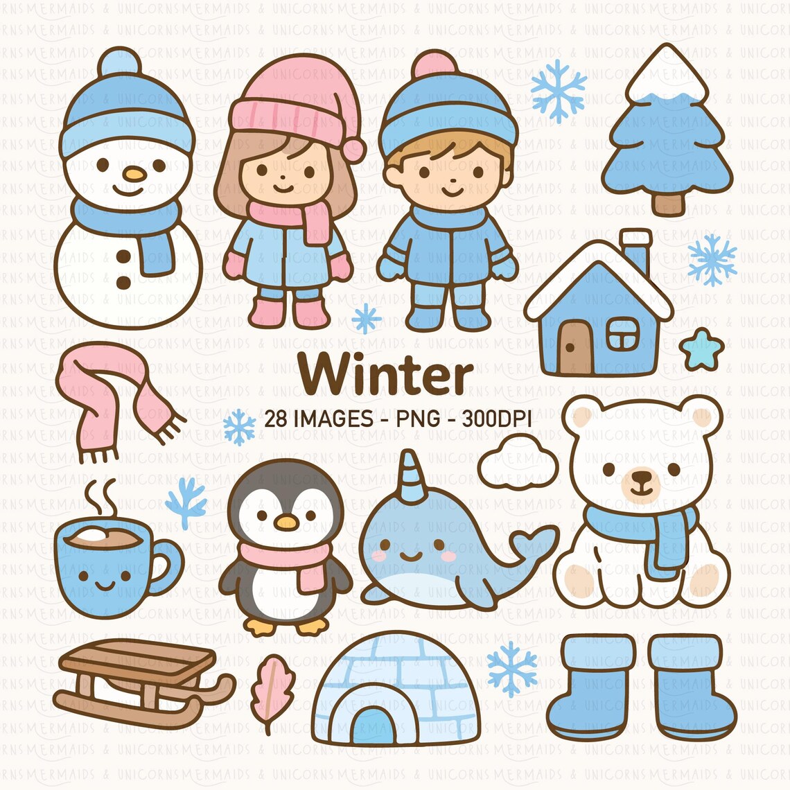 Kawaii Winter Clipart | Polar Bear, Penguin, Narwhal (digital Download ...