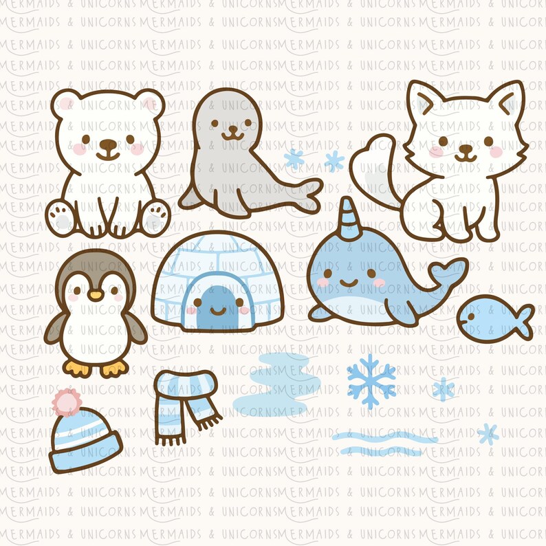 Kawaii Winter Clipart | Polar Bear, Penguin, Narwhal (digital Download ...