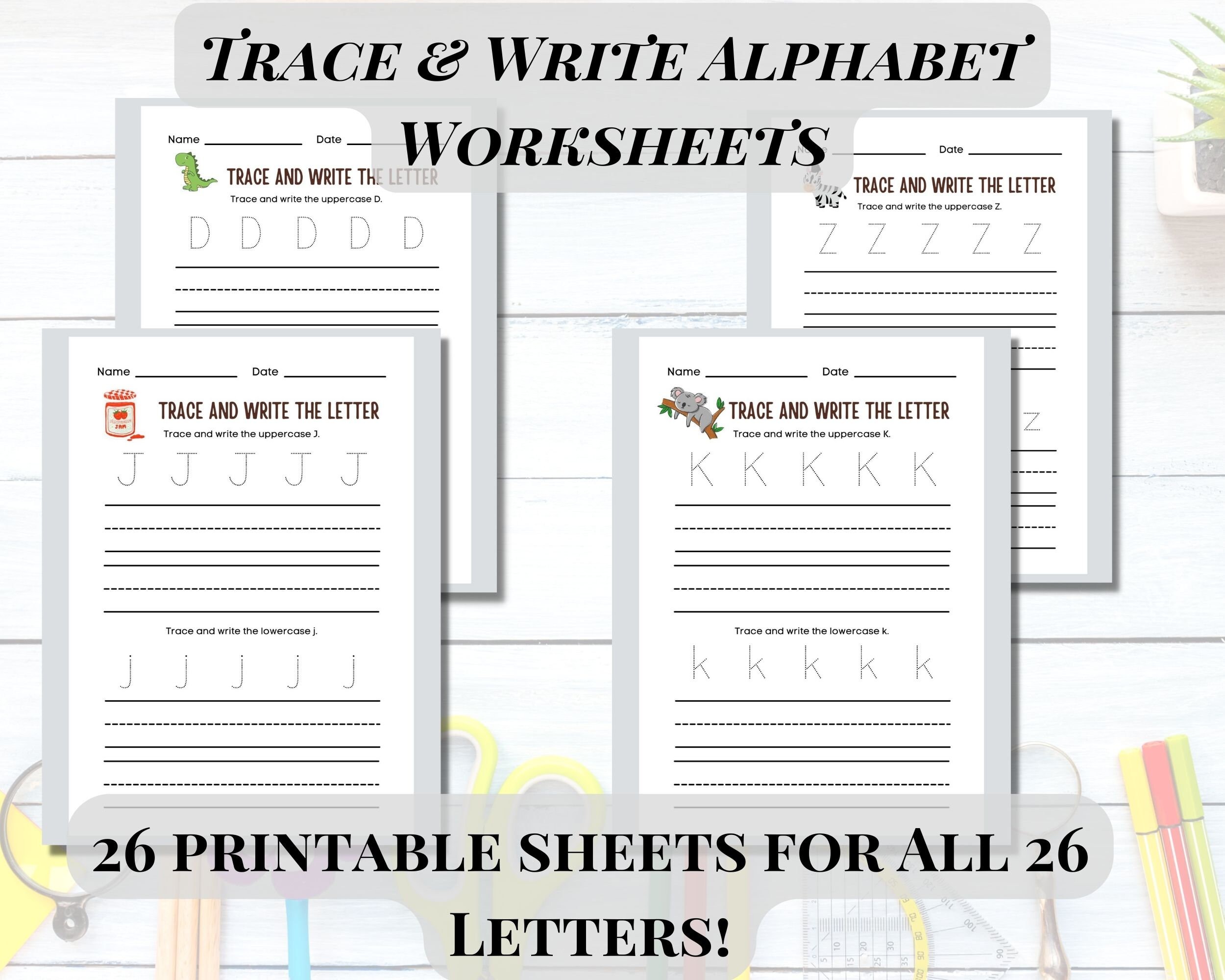 26 Letter Uppercase and Lowercase Alphabet Trace and Write Worksheets ...
