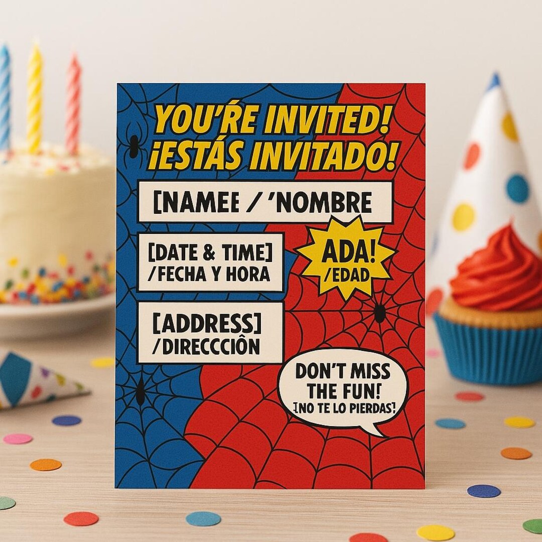 Spider Theme Birthday Invitation Template | Bilingual English & Spanish ...