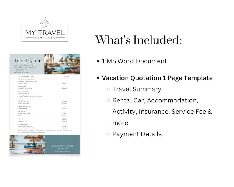 Travel Agent Quote Template: Vacation Itinerary (MS Word) - Etsy