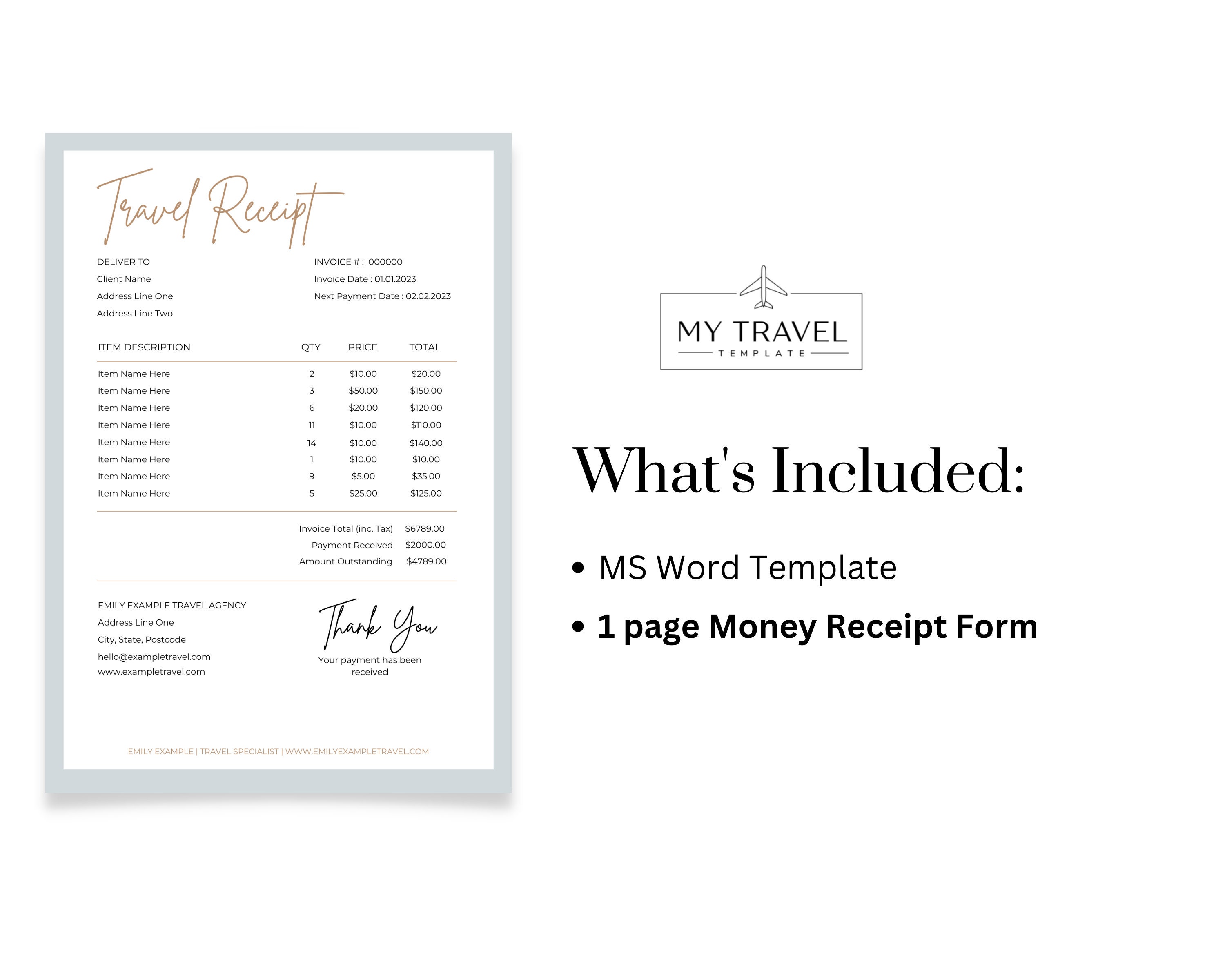 Travel Agency Money Receipt Form Template | Editable Receipt Template ...