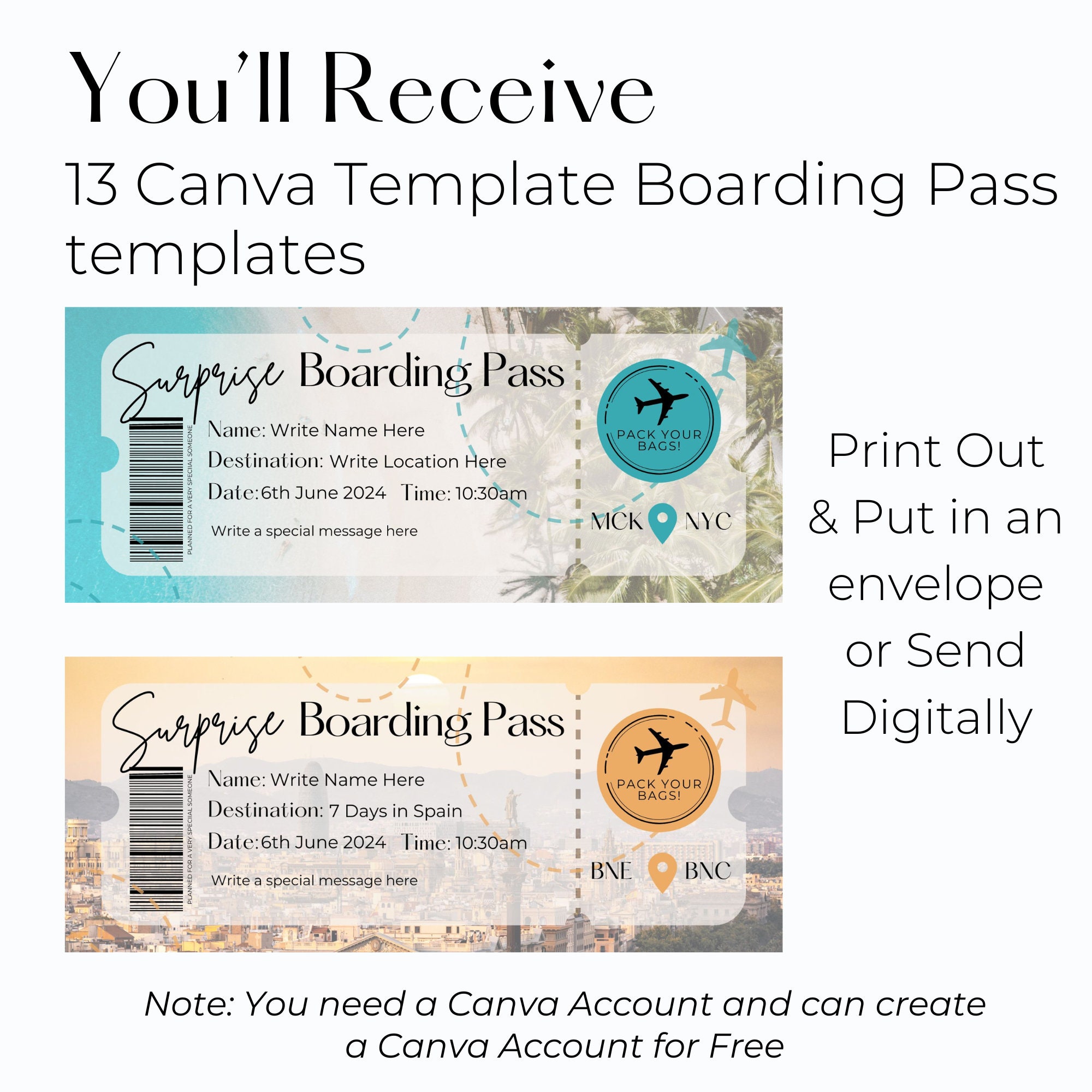 Surprise Ticket Gifted, Editable Boarding Pass Template, Canva Boarding ...