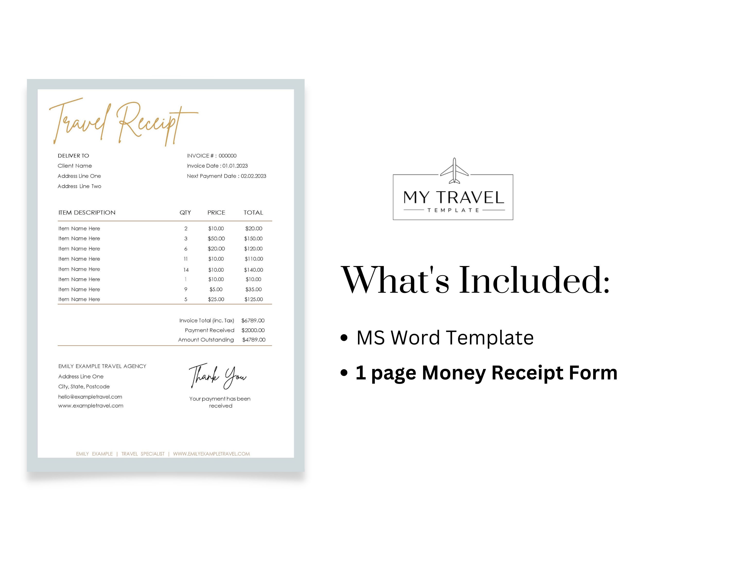 Travel Agency Money Receipt Form Template | Editable Receipt Template ...
