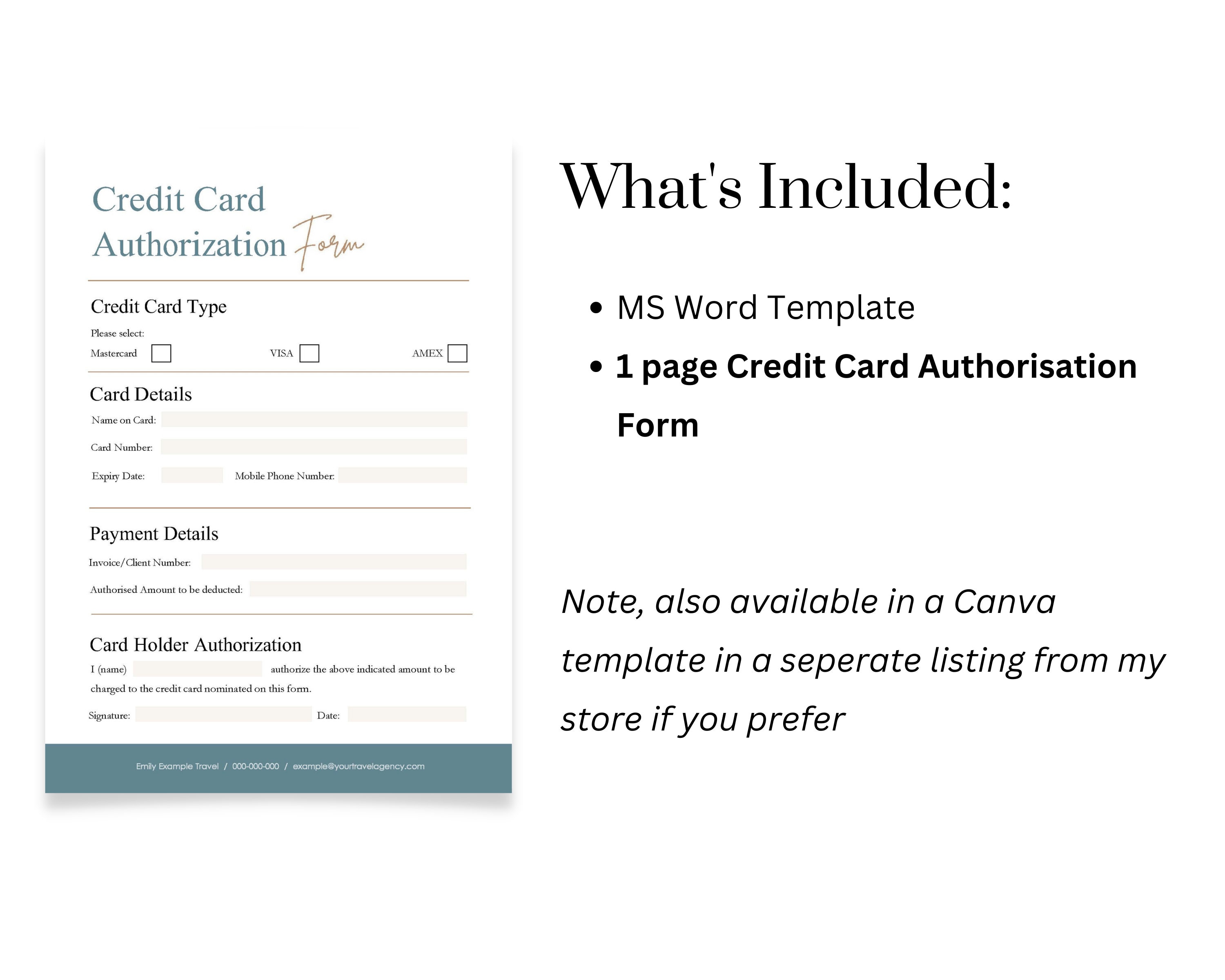 Credit Card Authorization Word Template Credit Card Billing - Etsy