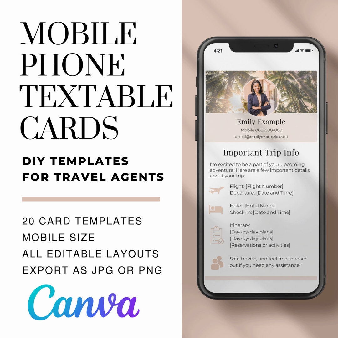 Travel Agent Textable Card Templates: Mobile Itinerary, Canva Editable ...