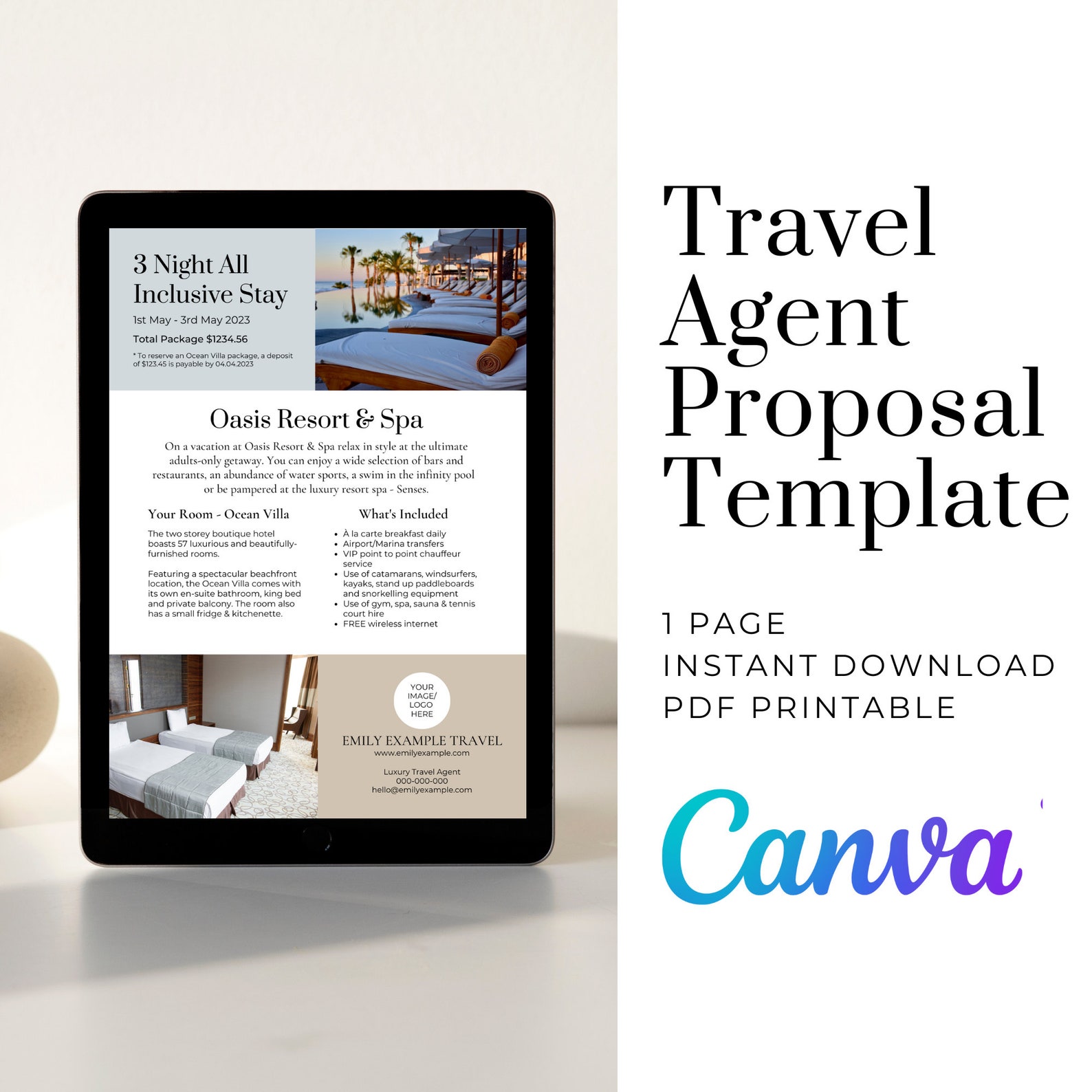 Travel Agent Proposal Template: 1-page Vacation Booking (canva, Digital ...