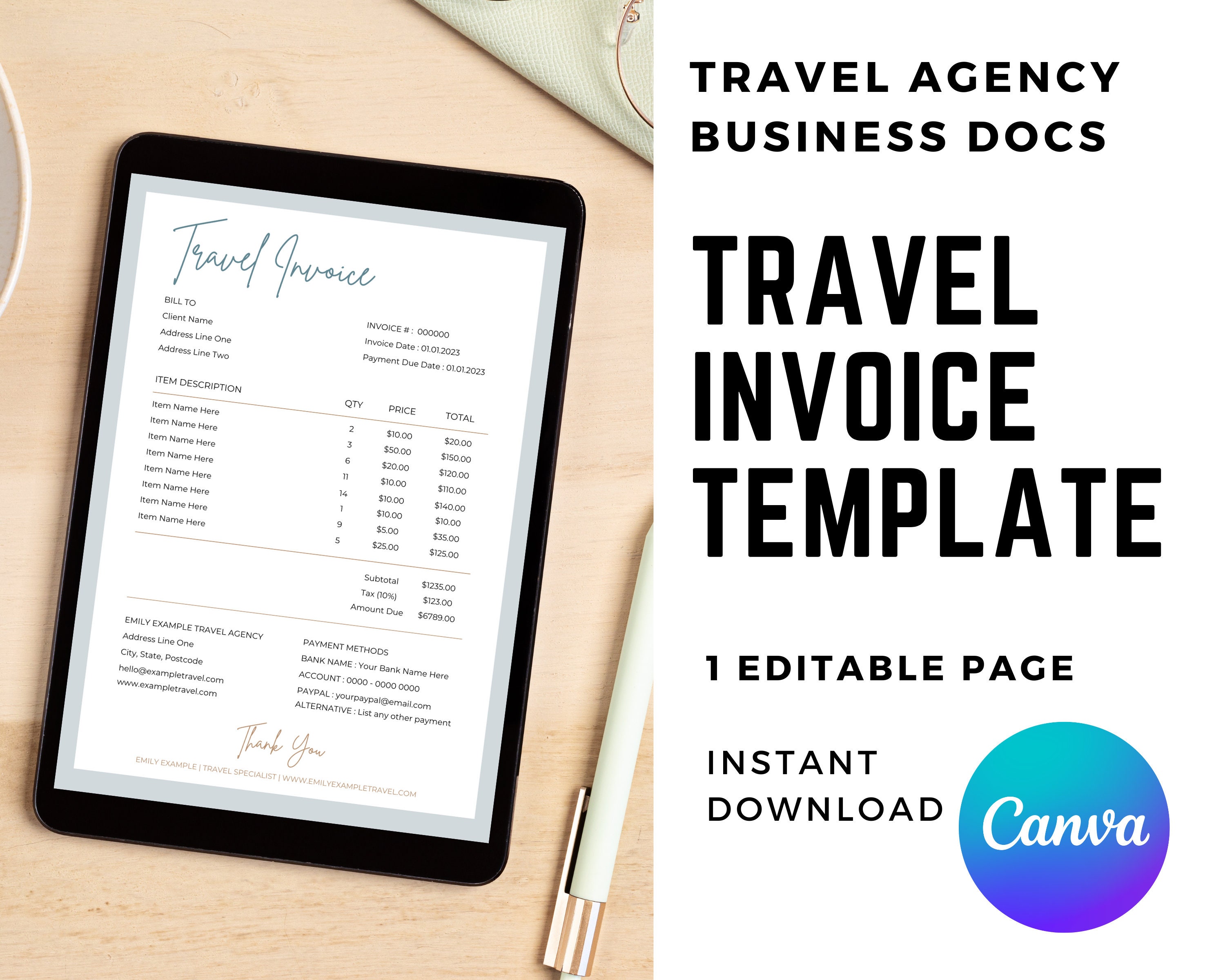 Travel Agency Invoice Form Template Travel Invoice Template - Etsy