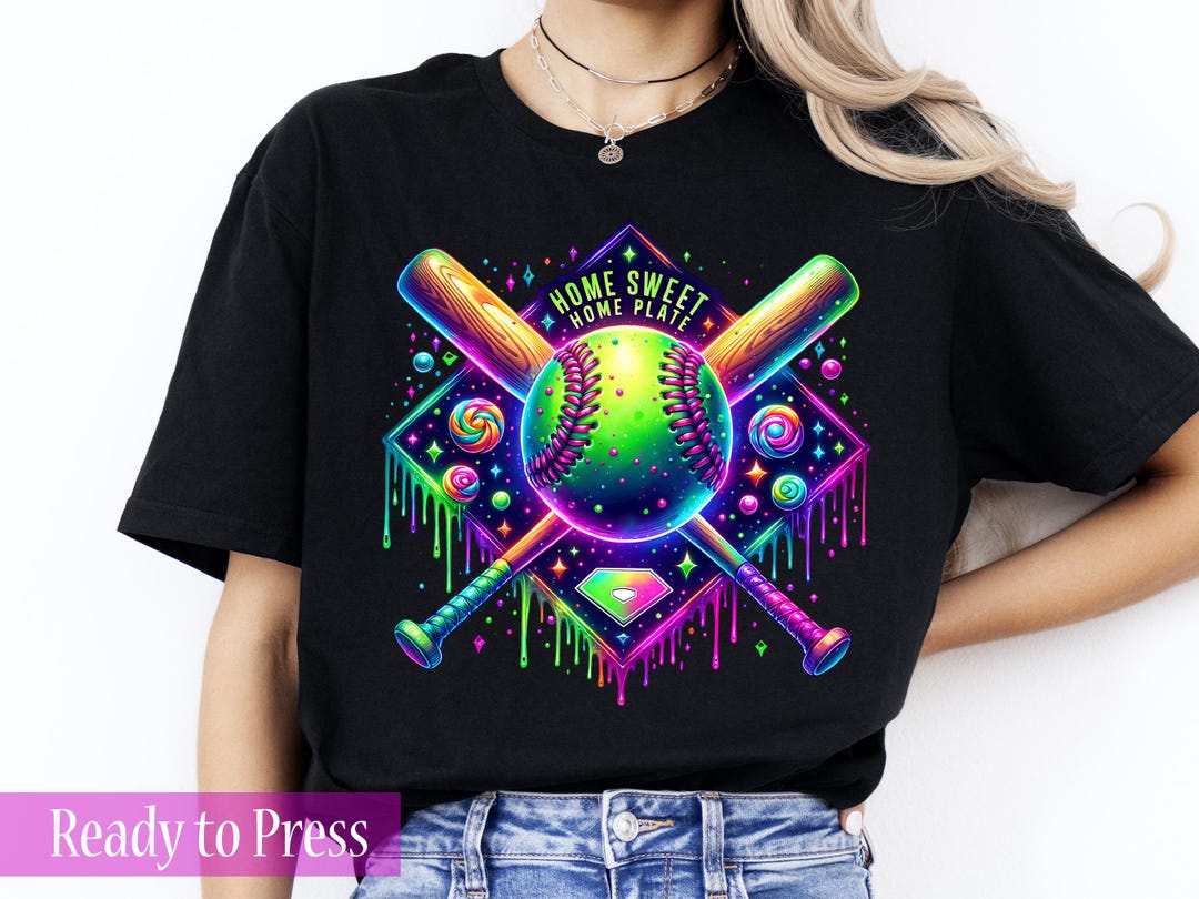 Neon Baseball Home Sweet Home Plate Ice Cream Drip - Ready to Press DTF ...